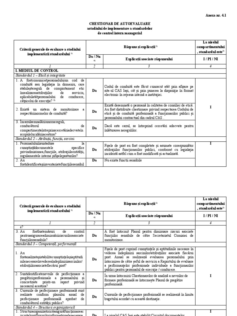 Anexa nr. 4 - CHESTIONAR DE AUTOEVALUARE - PNS - AN 2021 | PDF