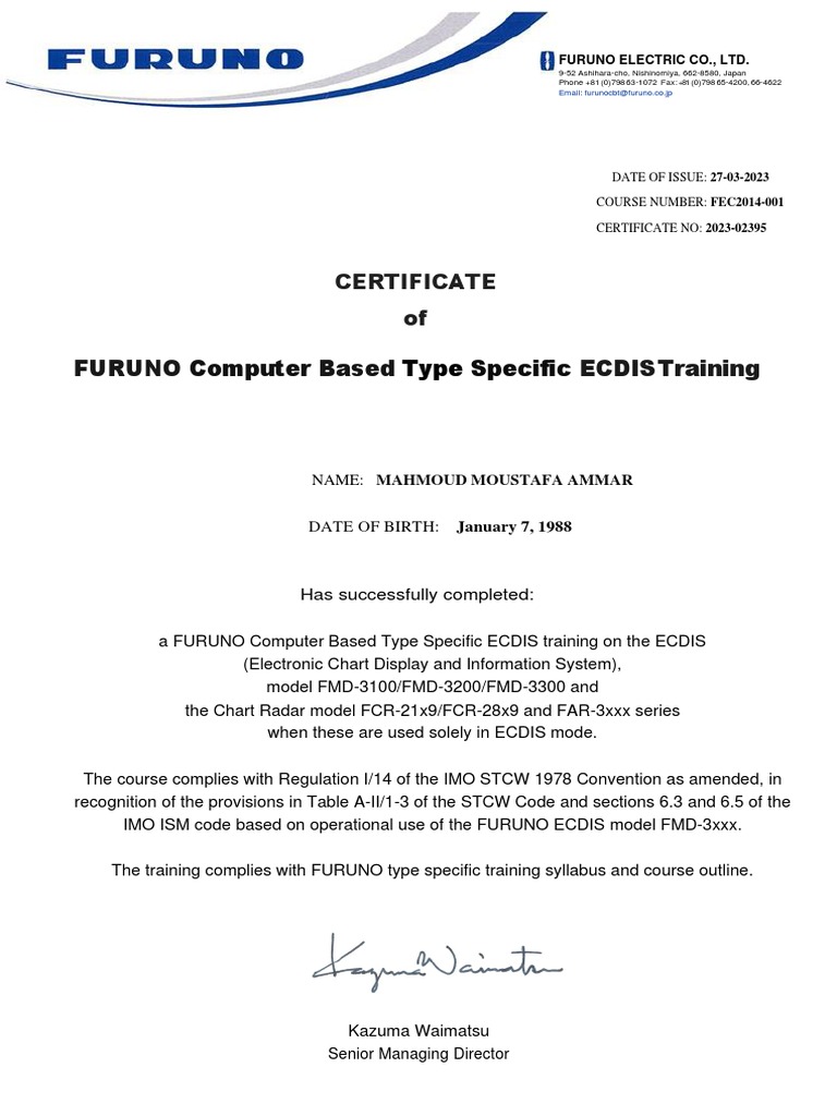 Specific Type Training For Furuno FMD Ecdis Certificate | PDF ...
