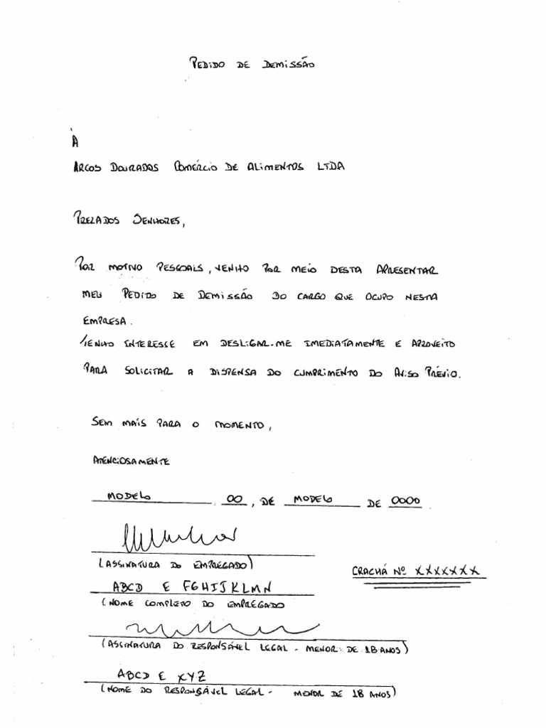 Modelo Carta Pedido De Demissão Pdf