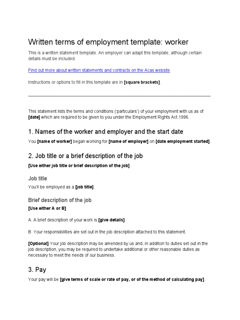 Template For Written Terms of Employment Worker - 1 | PDF | Employment ...