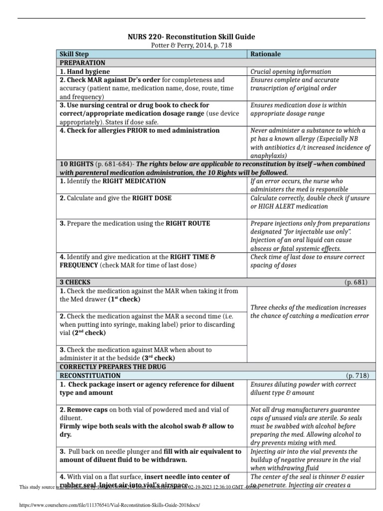 Vial Reconstitution Skills Guide 2018 | PDF | Syringe | Dose (Biochemistry)