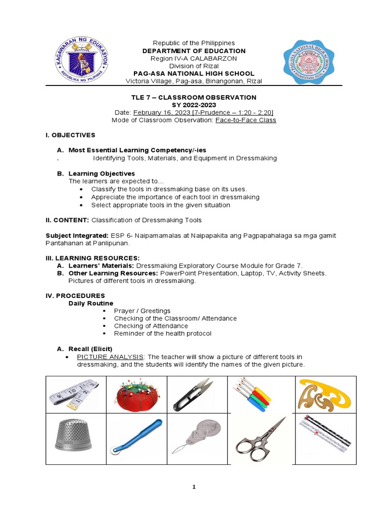 Classification of Tools in Dressmaking Lesson Plan | PDF