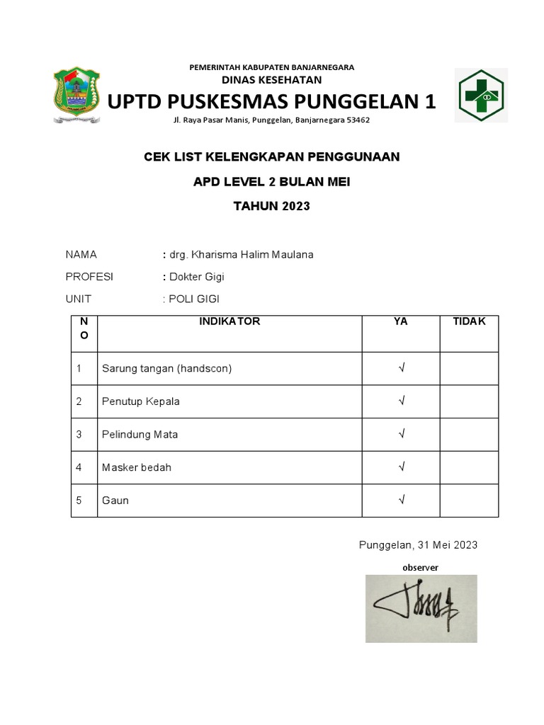 Ceklis Apd Poli Gigi Bulan Mei | PDF