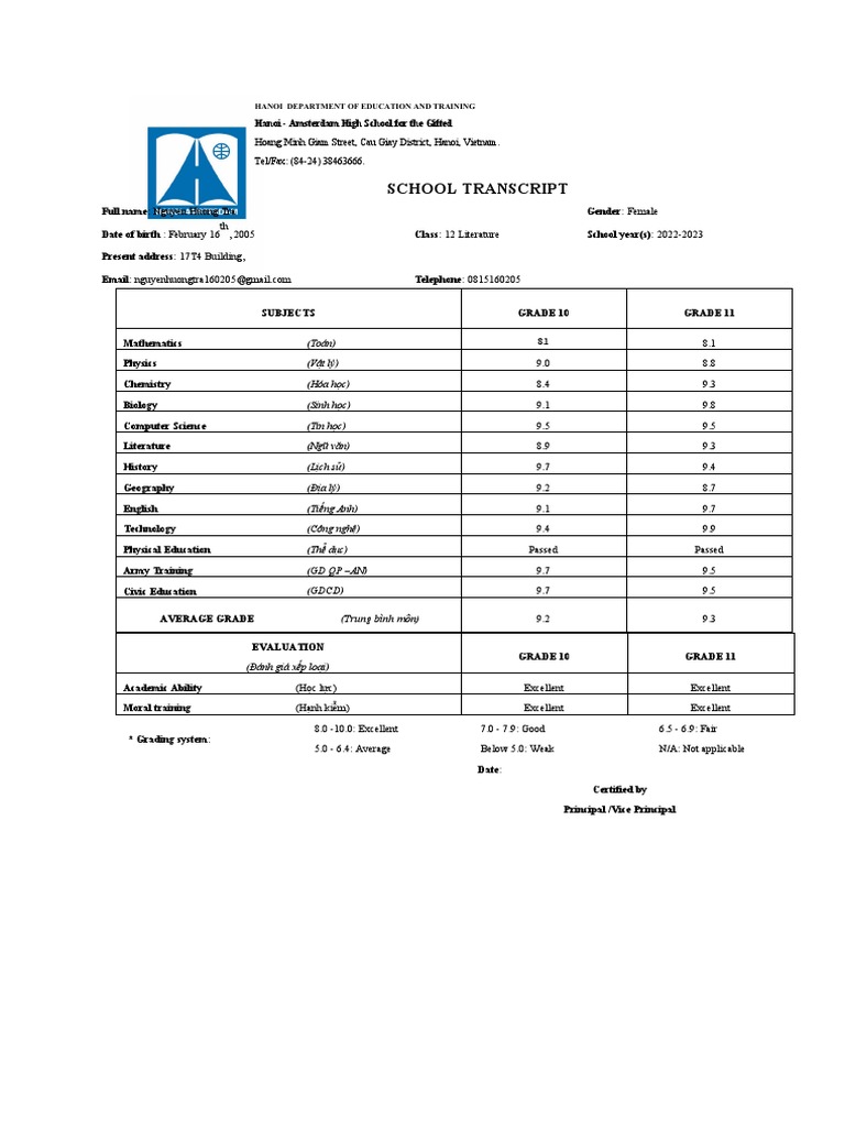 Nguyen Huong Tra High School Transcript | PDF | Vietnam