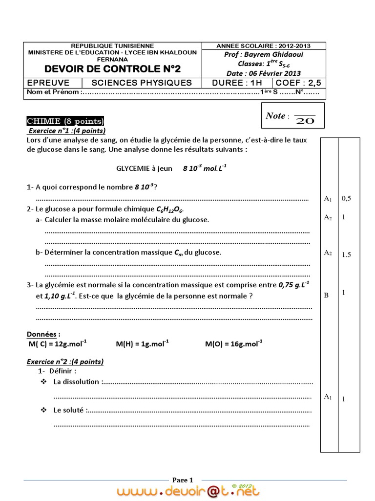 Devoir de Contrôle N°2 - Sciences Physiques - 1ère AS (2012-2013) MR ...