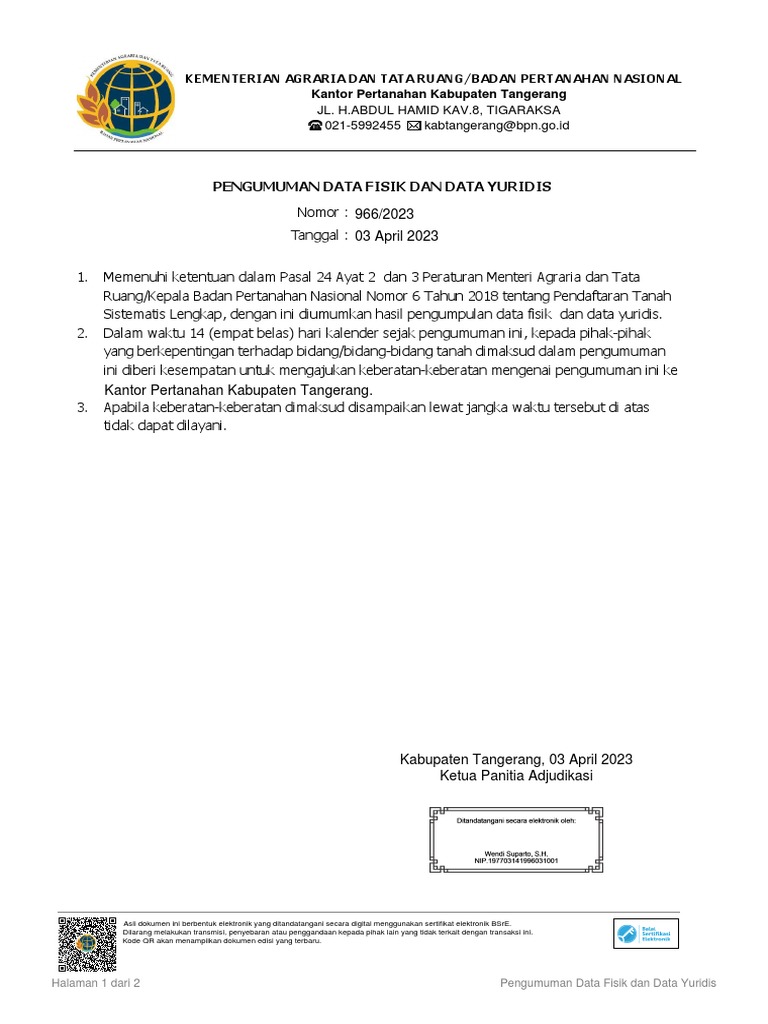 966/2023 03 April 2023: Pengumuman Data Fisik Dan Data Yuridis | PDF