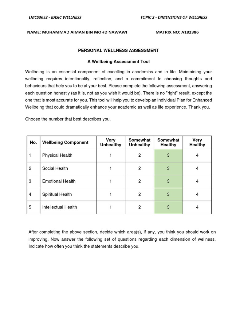 Personal Wellness Assessment Worksheet | PDF | Well Being | Strength ...