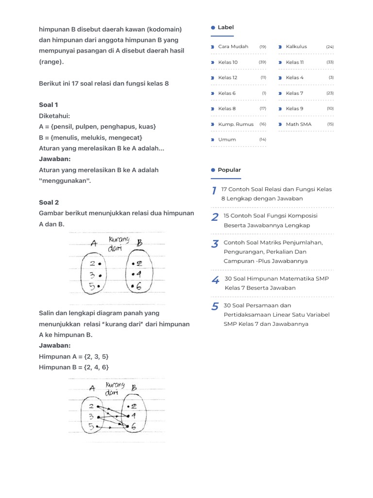 17 Contoh Soal Relasi Dan Fungsi Kelas 8 Lengkap Dengan Jawaban - Mathematics | PDF