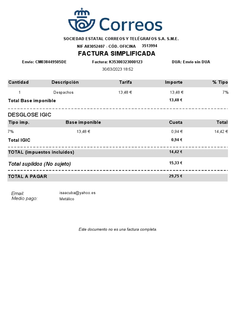 Factura Simplificada: Desglose Igic | PDF