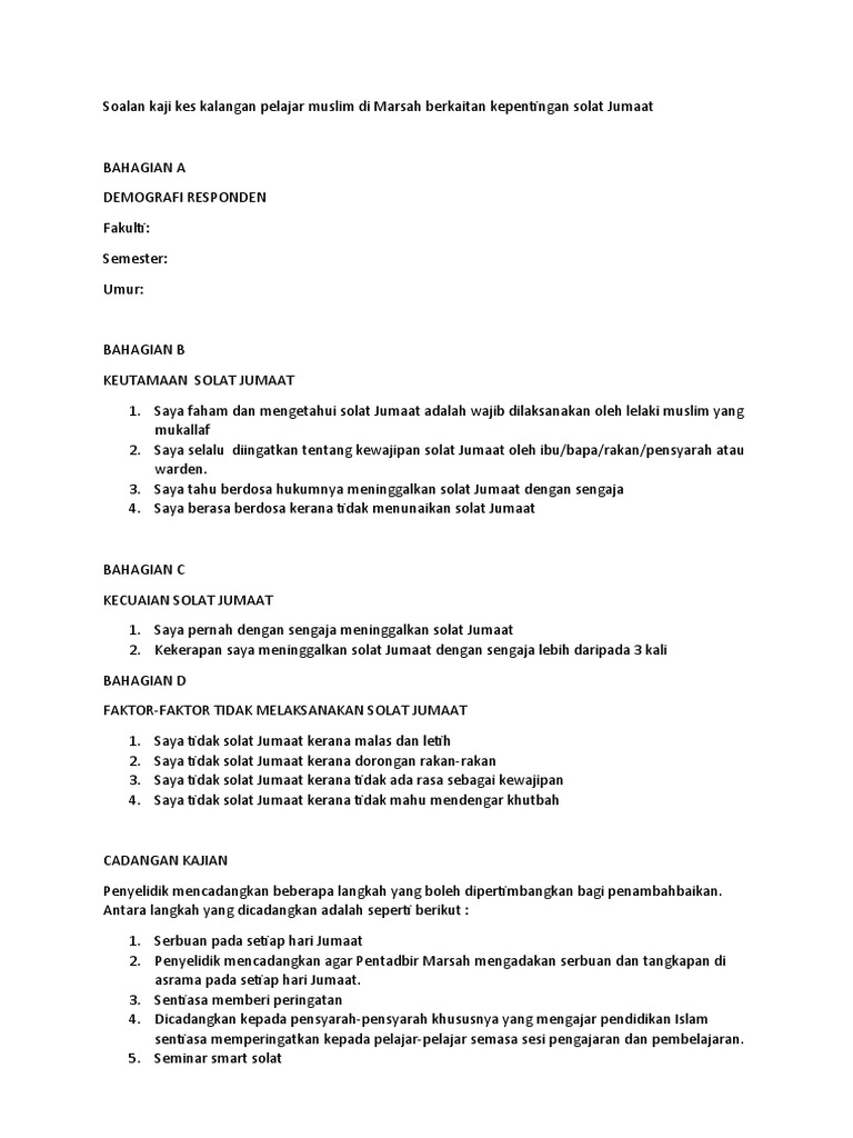 Soalan Kaji Kes Kalangan Pelajar Muslim Di Marsah Berkaitan Kepentingan ...