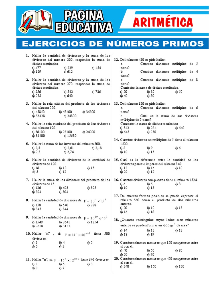 Ejercicios de Numeros Primos Pagina Educativa | PDF