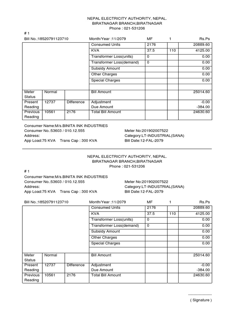 Binita Ink Industries Electricity Bill | PDF
