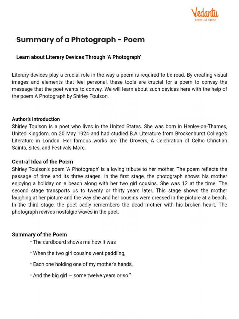 Summary of A Photograph - Poem | PDF