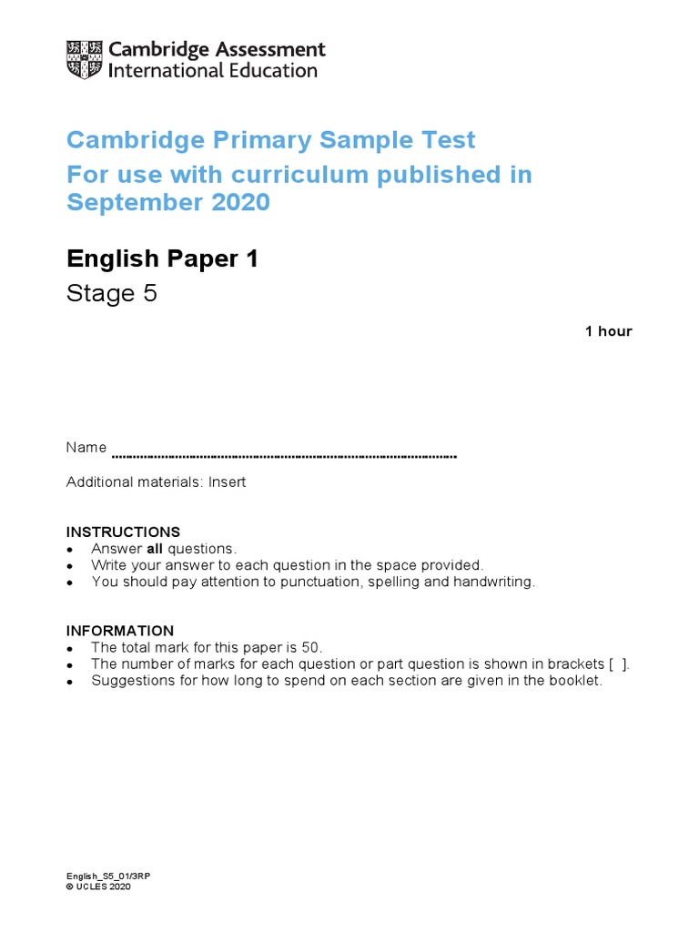 English Stage 5 Sample Paper 1 - 2020 | PDF | Cognition | Writing