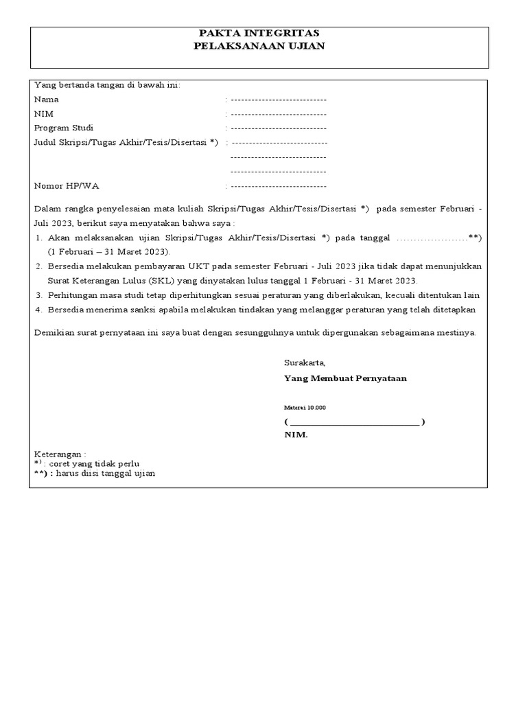 Template PAKTA INTEGRITAS Bebas UKT TA Feb - Juli 2023 100 | PDF