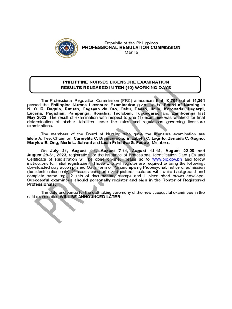 Philippine Nurses Licensure Examination Results Released in Ten (10 ...