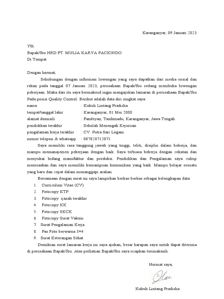 Surat Lamaran Kerja Quality Control | PDF