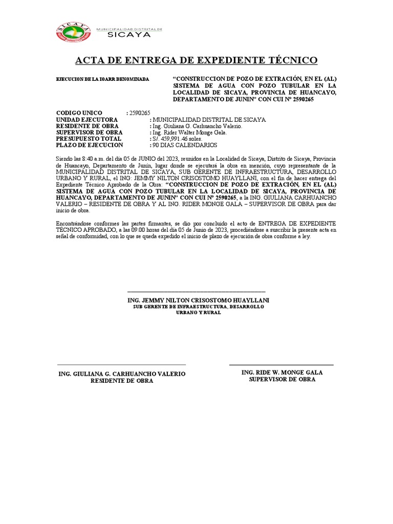 Acta de Entrega de Expediente Tecnico | PDF