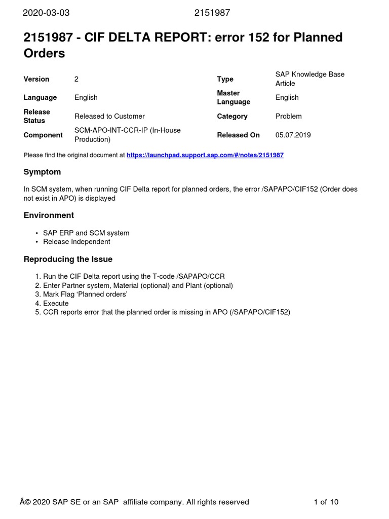 CIF Delta Report - Error 152 For Planned Orders | PDF | Error Detection ...