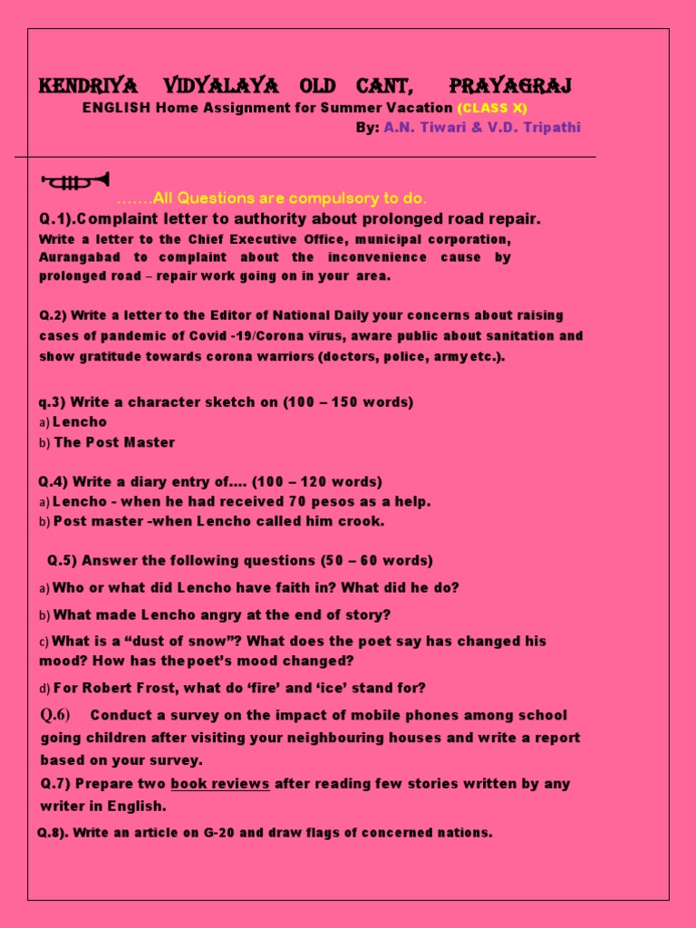 English HW Class-X (Summer 2023) | PDF