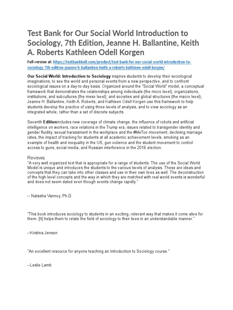 Test Bank For Our Social World Introduction To Sociology 7th Edition