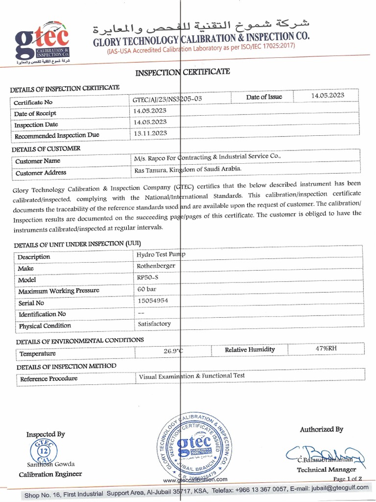 Hydro Test Pump - Inspection Certificate | PDF
