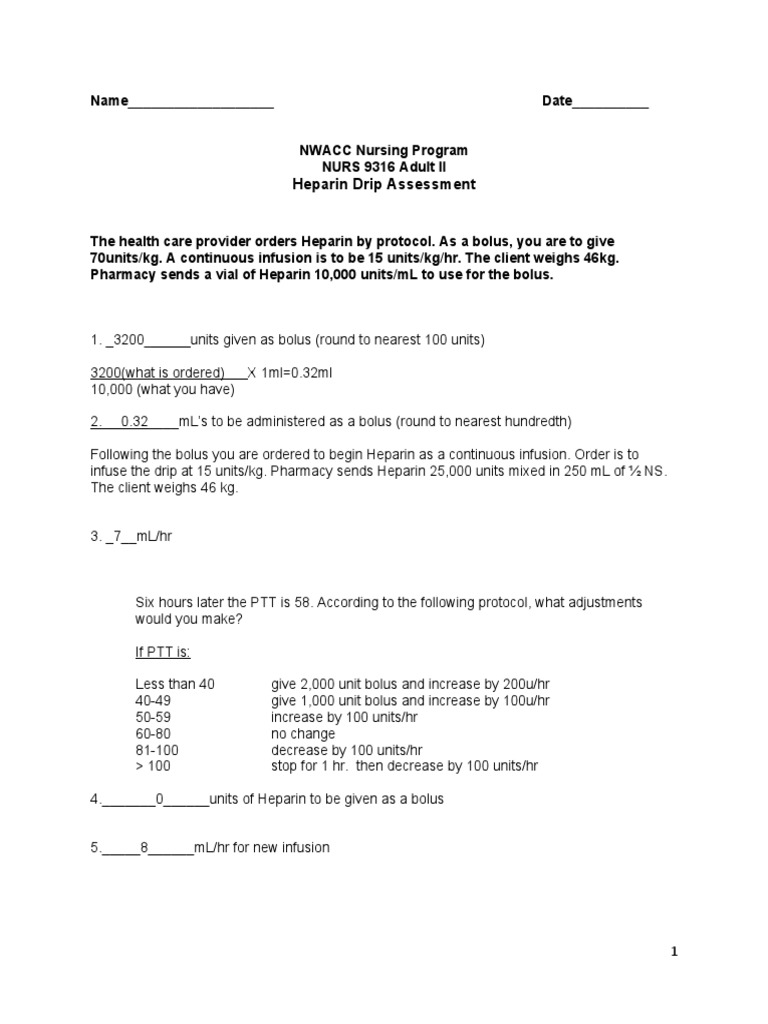 Adult 2 Practice Dosage Calculation Test Answers (Heparin) | PDF ...
