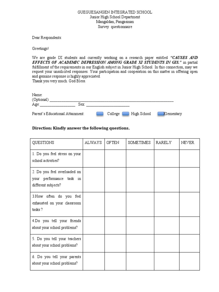 Questionnaires For Grade 10 2022 2023 | PDF