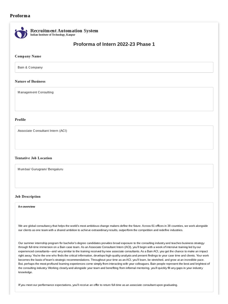 Bain Company Associate Consultant Intern ACI | PDF