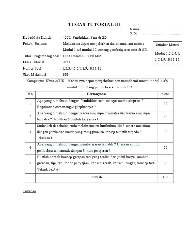 Tugas Tutorial III P Seni D SD | PDF