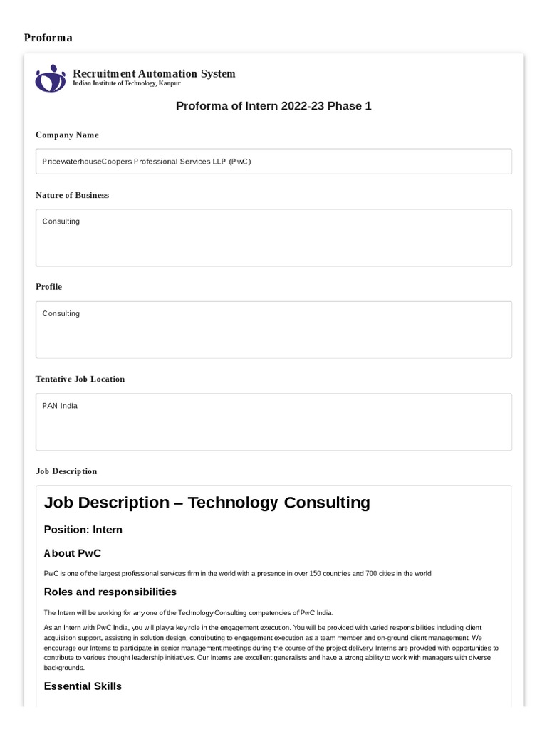 PwC India Technology Consulting Intern 2022-23 | PDF | Business
