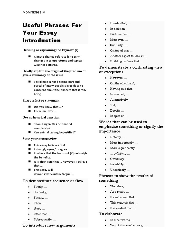 Useful Phrases For Your Essay Introduction | PDF