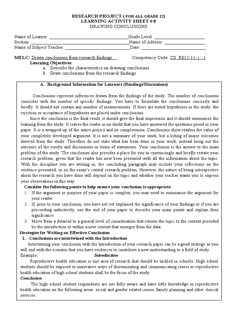 Drawing Conclusions in Research Projects | PDF | Argument | Health ...