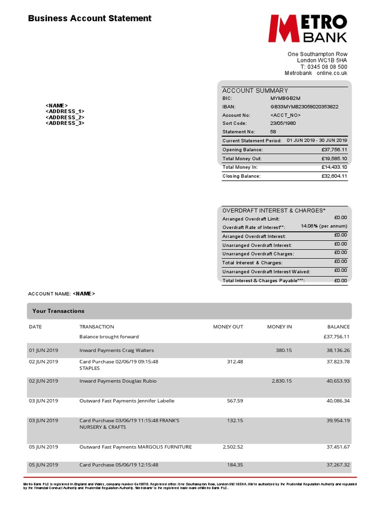 Metro Bank Business Account Statement | PDF | Overdraft | Banks