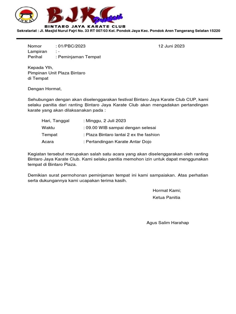 Surat Permohonan Pinjam Tempat | PDF