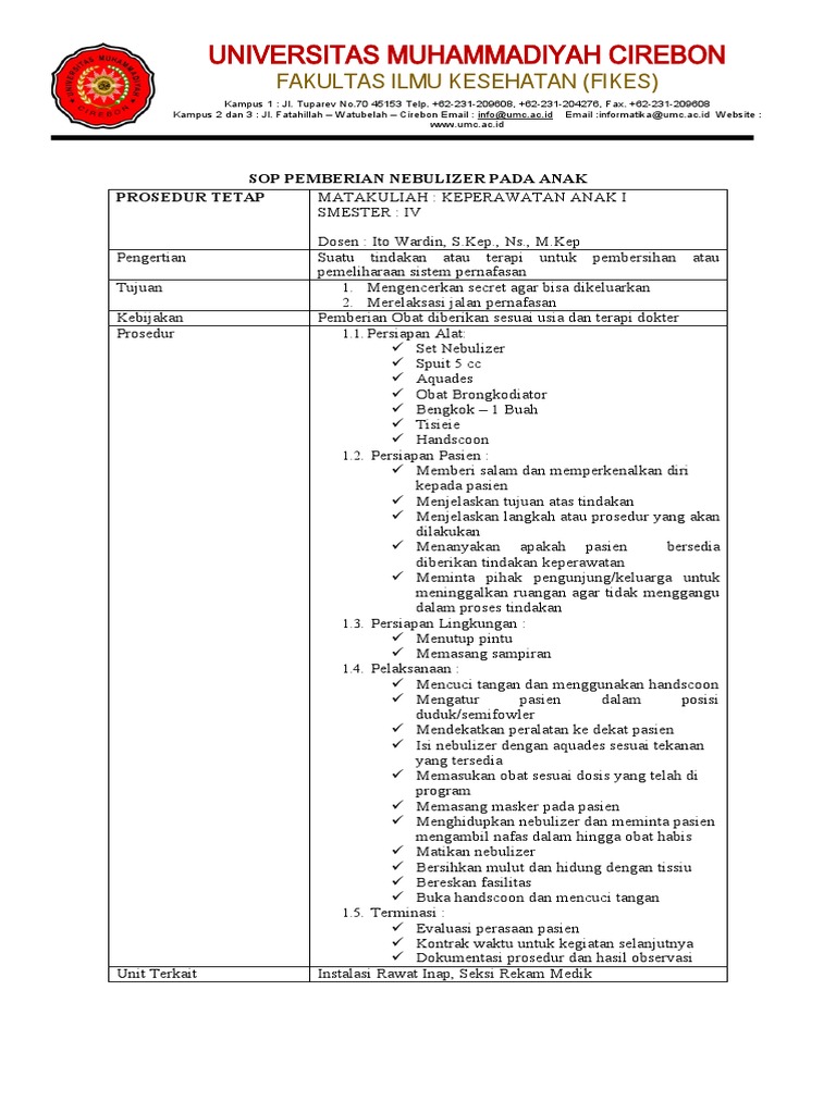 SOP Nebulizer Anak di FIKES UMC | PDF