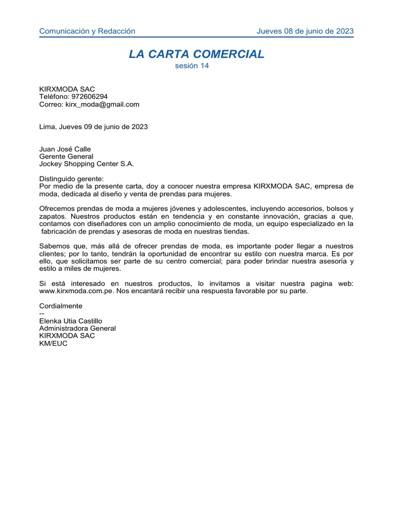 Carta Comercial - Elenka Utia | PDF