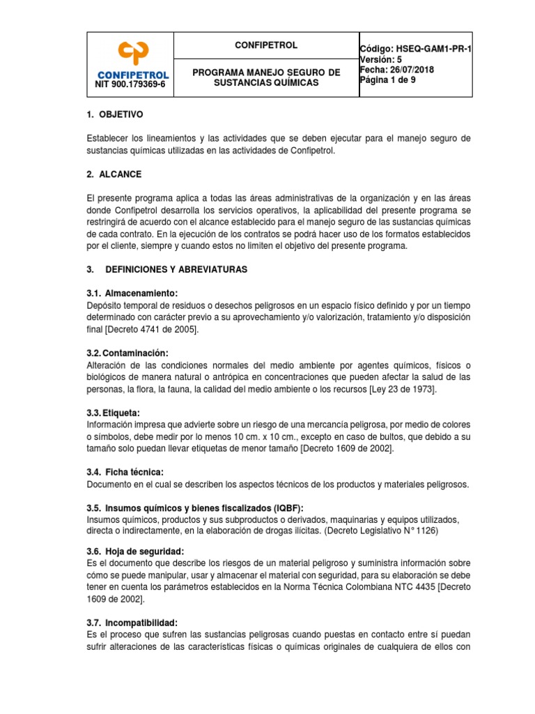Programa para El Manejo Seguro de Sustancias Químicas HSEQ-GAM1-PR-1 V5 ... Programa para El Manejo Seguro de Sustancias Químicas HSEQ-GAM1-PR-1 V5 ...