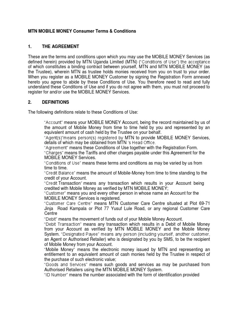 MTN Mobile Money Terms & Conditions | PDF | Debit Card | Credit Card