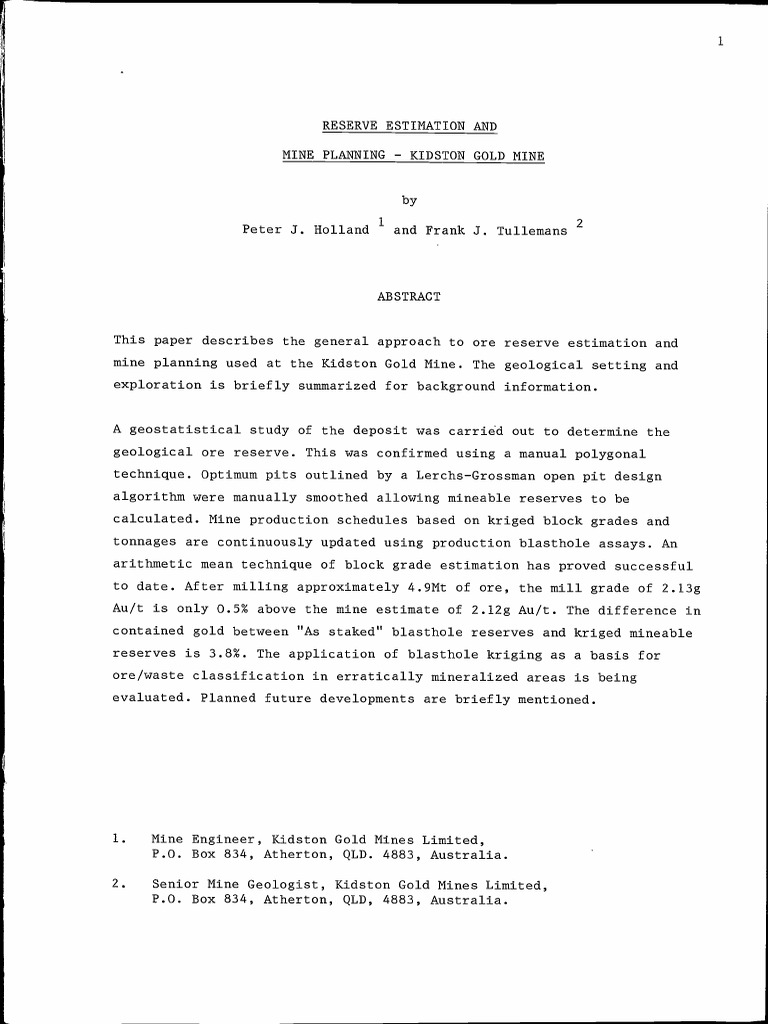 Reserve Estimation and Mine Planning - Kidston Gold Mine | PDF
