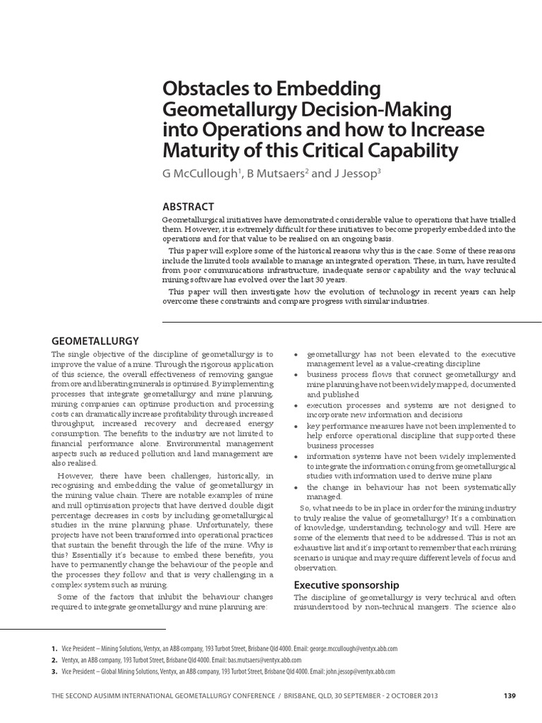 Obstacles To Embedding Geometallurgy Decision-Making Into Operations and How To Increase ...