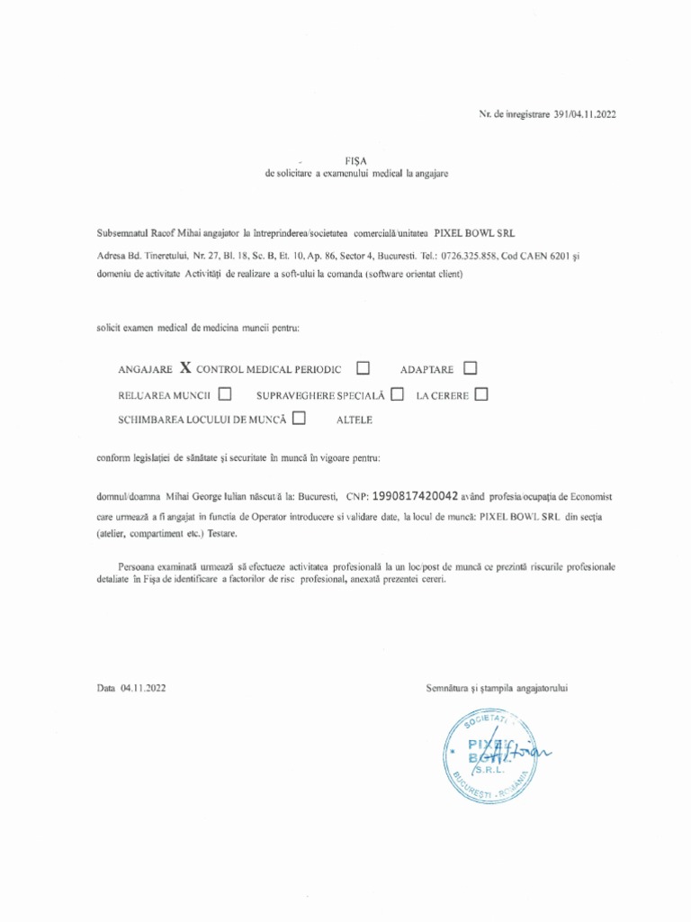 Fisa de Solicitare A Examenului Medical | PDF