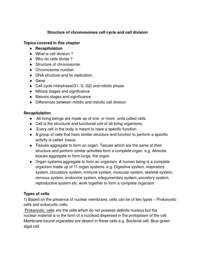 Structure of Chromosomes Cell Cycle and Cell Division | PDF | Cell ...