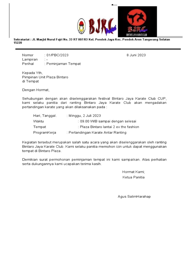 Surat Permohonan Pinjam Tempat 5 | PDF