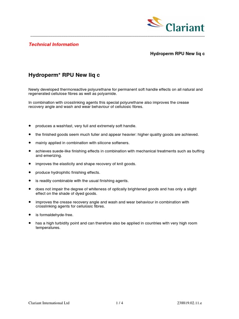 Clariant_Hydroperm RPU New liq c_FT | PDF | Materials | Chemistry