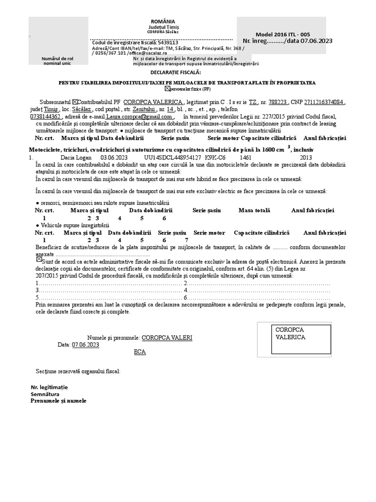Declaraţie Fiscală Mijloace de Transport Sub 12 Tone 06.06.2023 11-53-17 | PDF