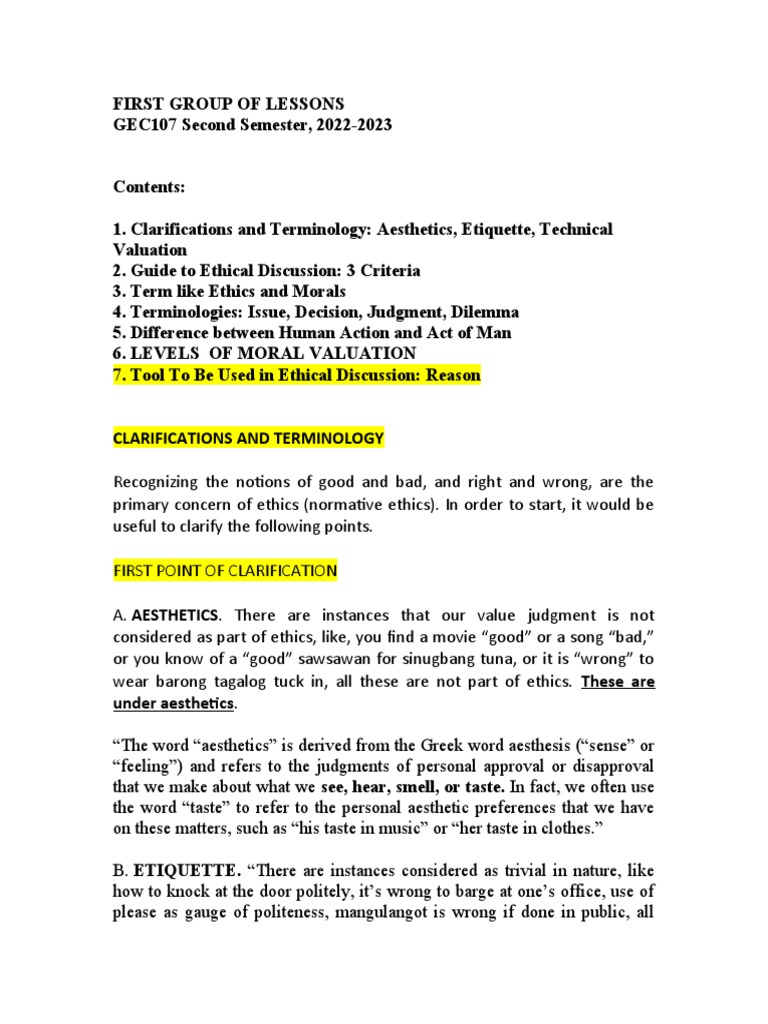1 First Lesson Gec107 Second Sem 2022 2023 | PDF | Morality | Reason