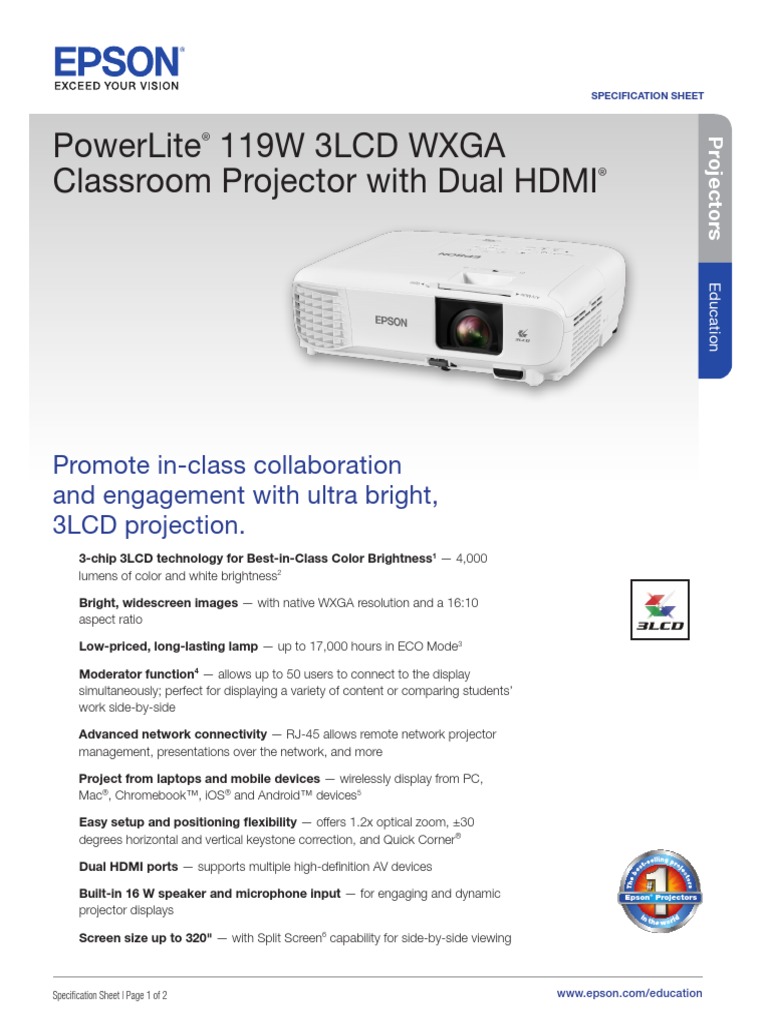 Def PowerLite-119W-Projector - Specification-Sheet-CPD-58835 | PDF ...