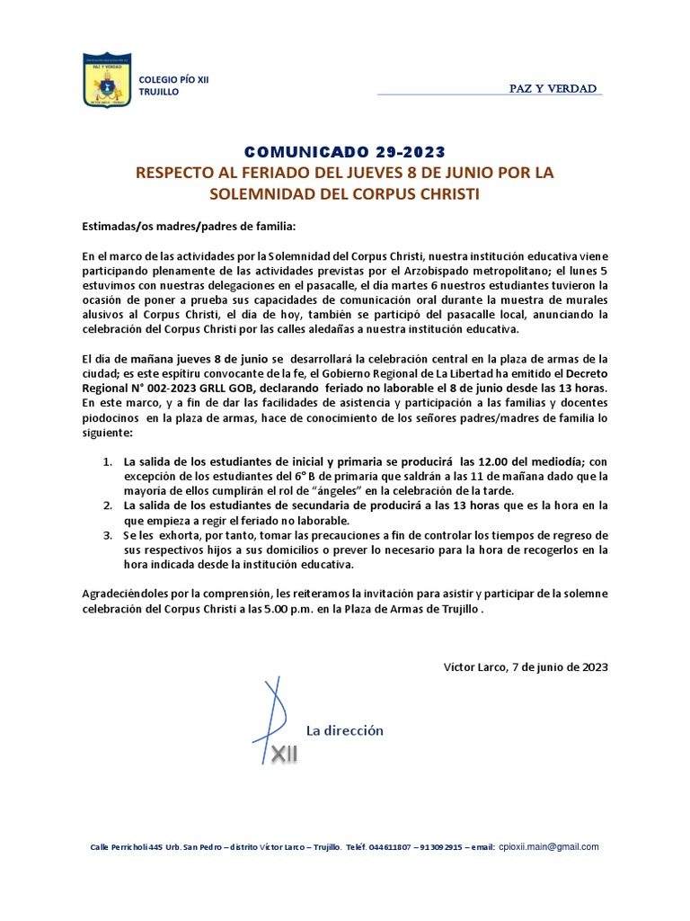 Comunicado N°029-2023 - Padres - Corpus Christi - 2 | PDF | Religión y espiritualidad