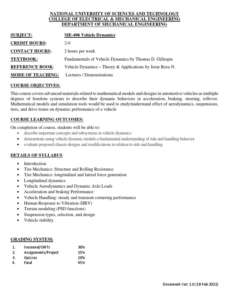 Vehicle Dynamics Course Overview | PDF | Vehicles | Brake